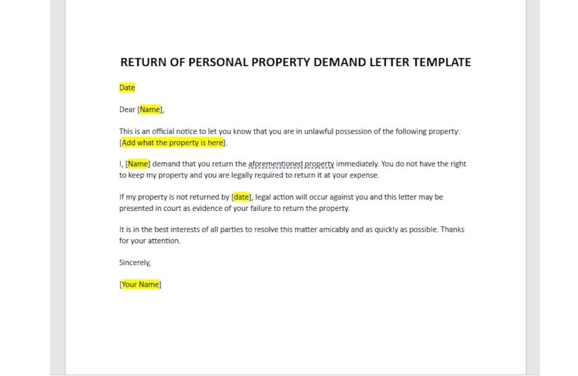 Editable Demand to Return Personal Property Template, Demand Letter ...