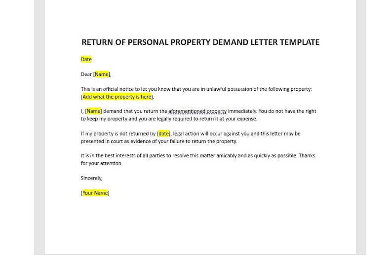 Editable Demand to Return Personal Property Template, Demand Letter ...