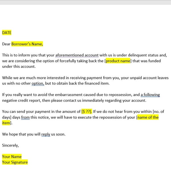 Repossession Letter - Etsy