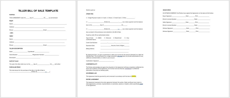 Editable Tiller Bill of Sale Template, Editable Bill of Sale, Bill of ...