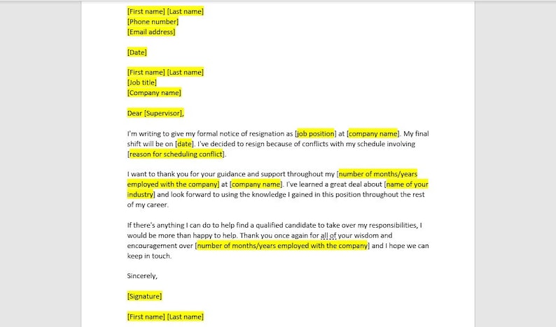 Work Schedule Resignation Letter, Resignation Letter, Resignation ...