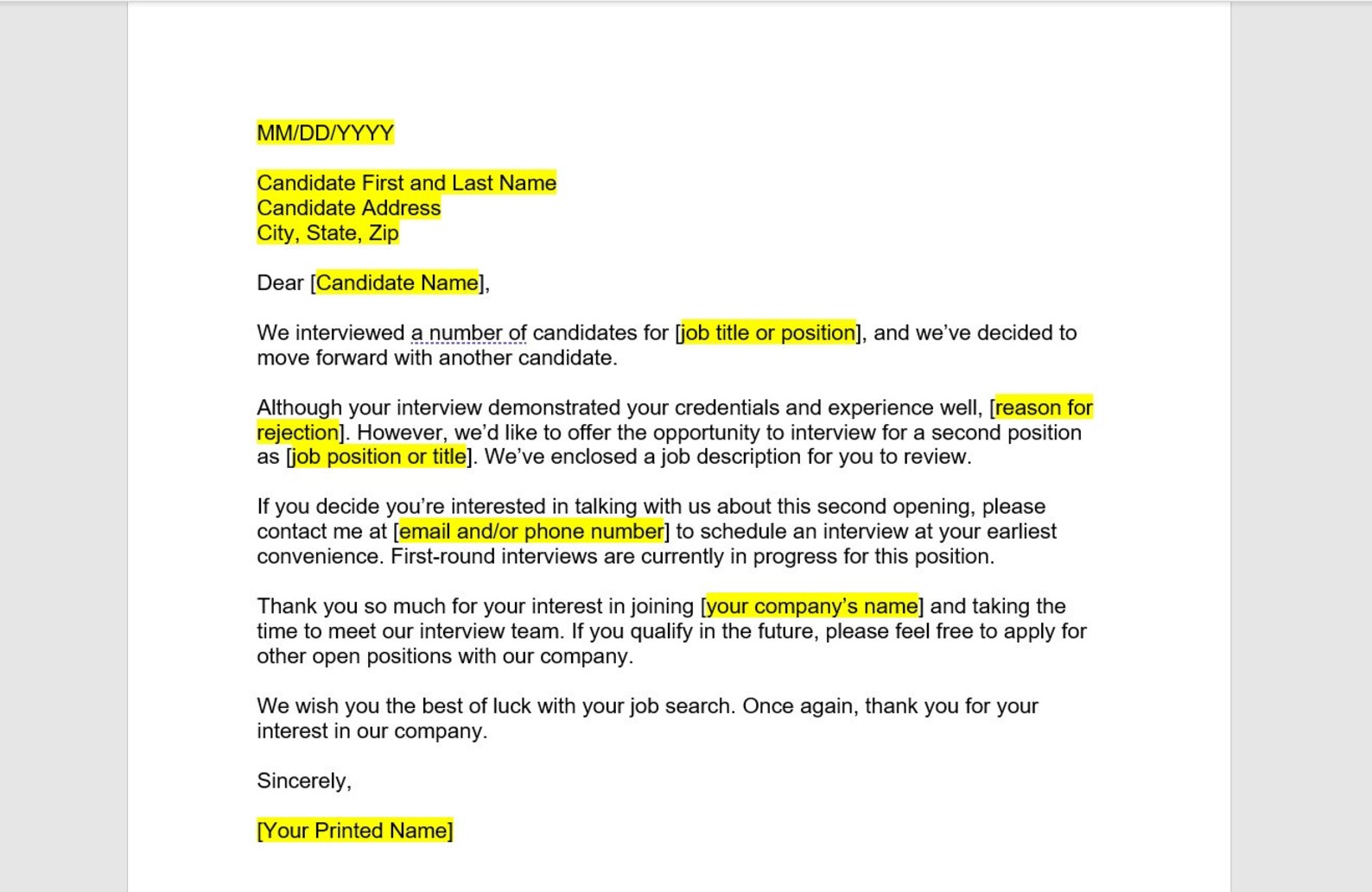 Employee Rejection Letter Template, Employee Rejection Letter ...