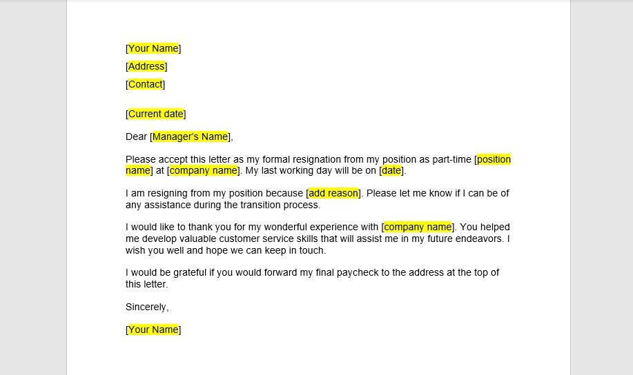 Part-time Resignation Letter Template, Resignation Letter, Resignation ...