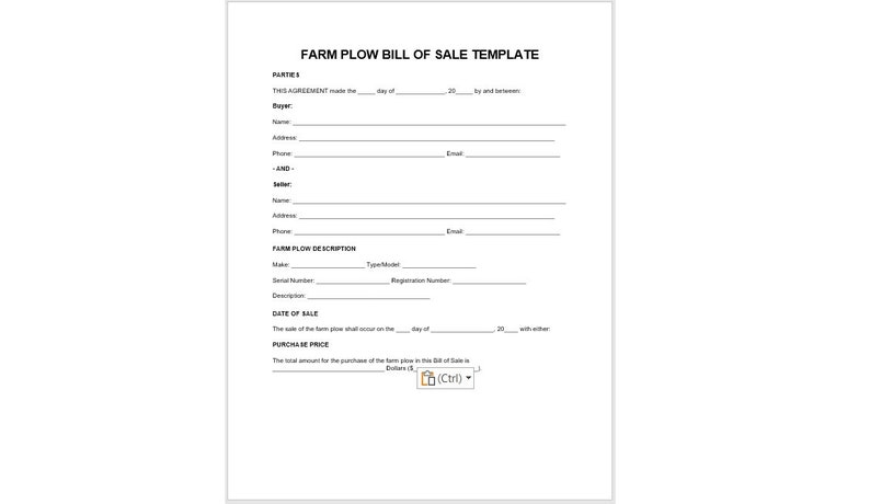 Editable Farm Plow Bill of Sale Template, Editable Bill of Sale, Bill ...