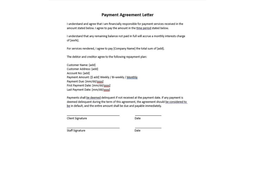 Editable Payment Contract Template, Payment Agreement Letter, Payment ...