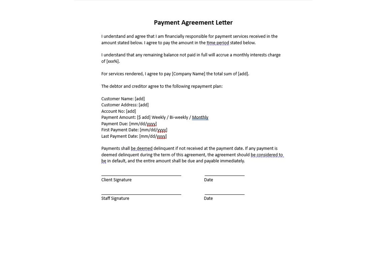 Editable Payment Contract Template, Payment Agreement Letter, Payment ...