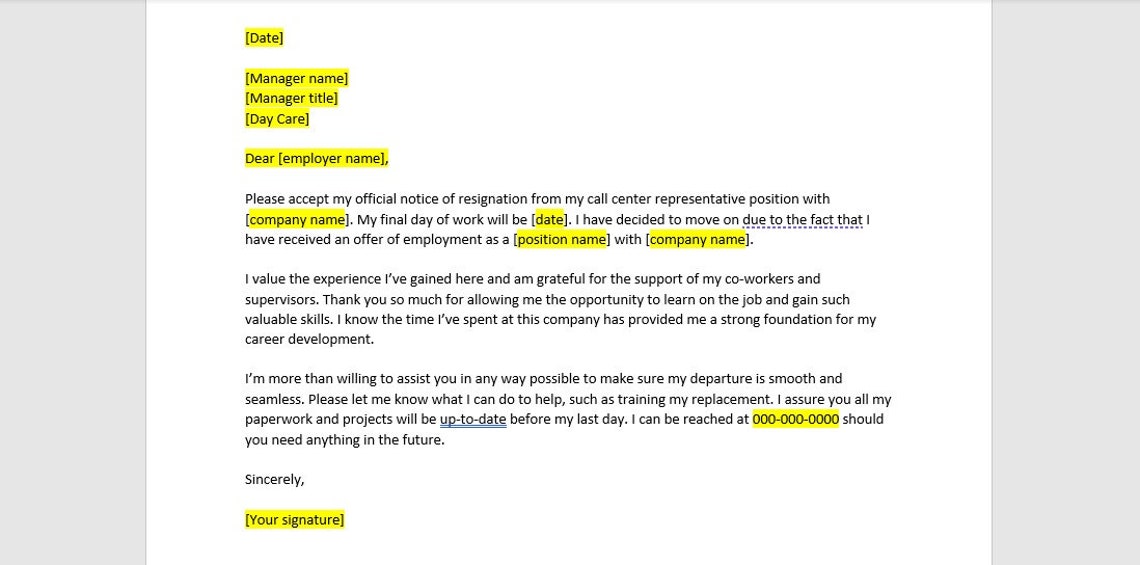 Call Center Rep Resignation Letter Template, Resignation Letter ...