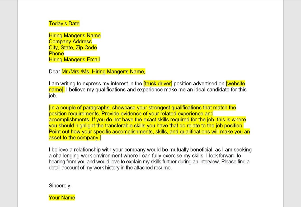 Truck Driver Letter, Cover Letter Template, Editable Cover Letter ...