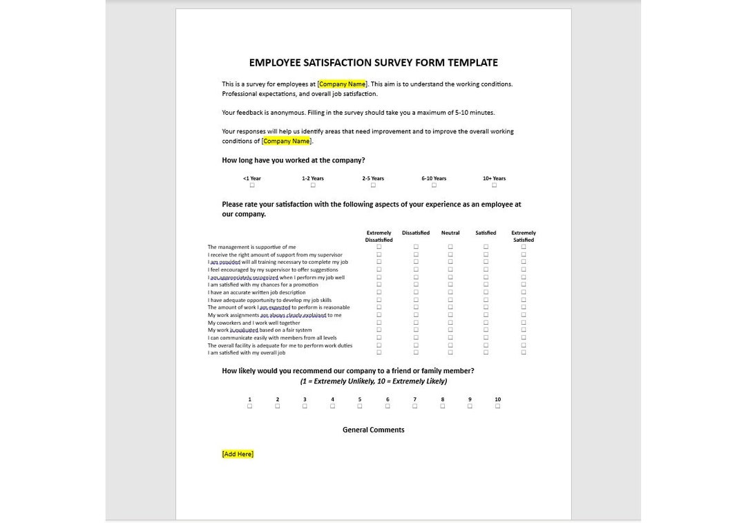 Editable Employee Satisfaction Survey, Employee Satisfaction Feedback ...