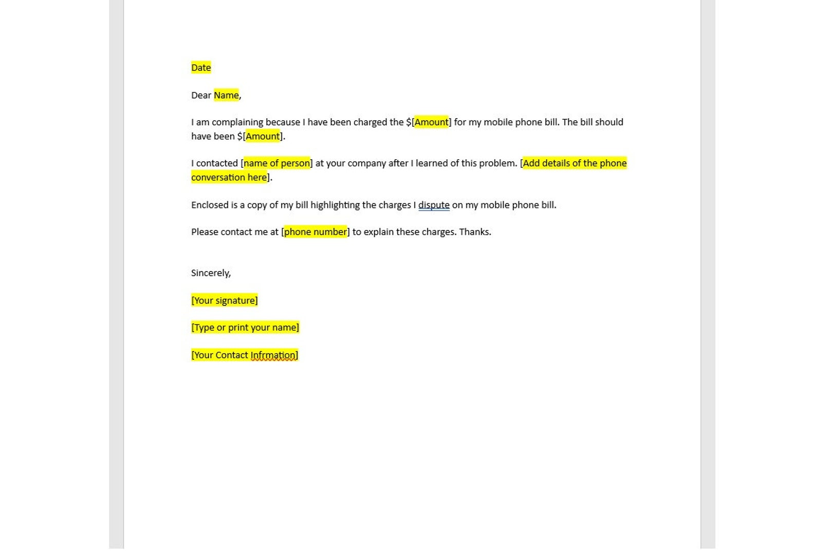 Editable Phone Bill Dispute Letter Template, Phone Bill Dispute Letter ...