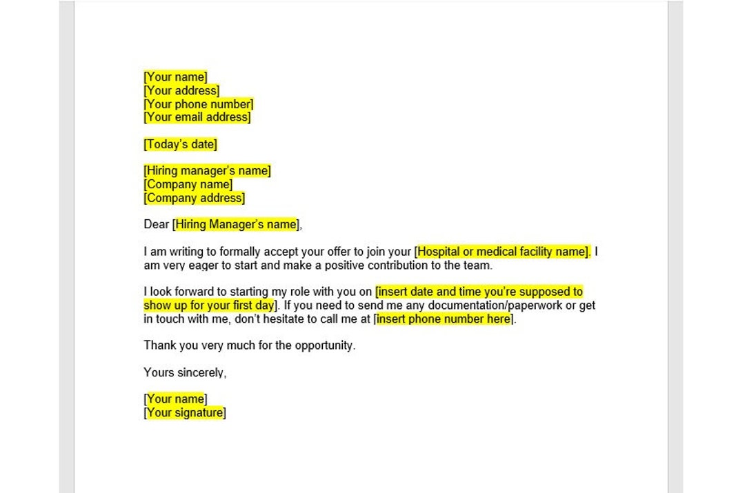 Nurse Job Offer Acceptance Letter, Job Offer Acceptance Template Letter ...