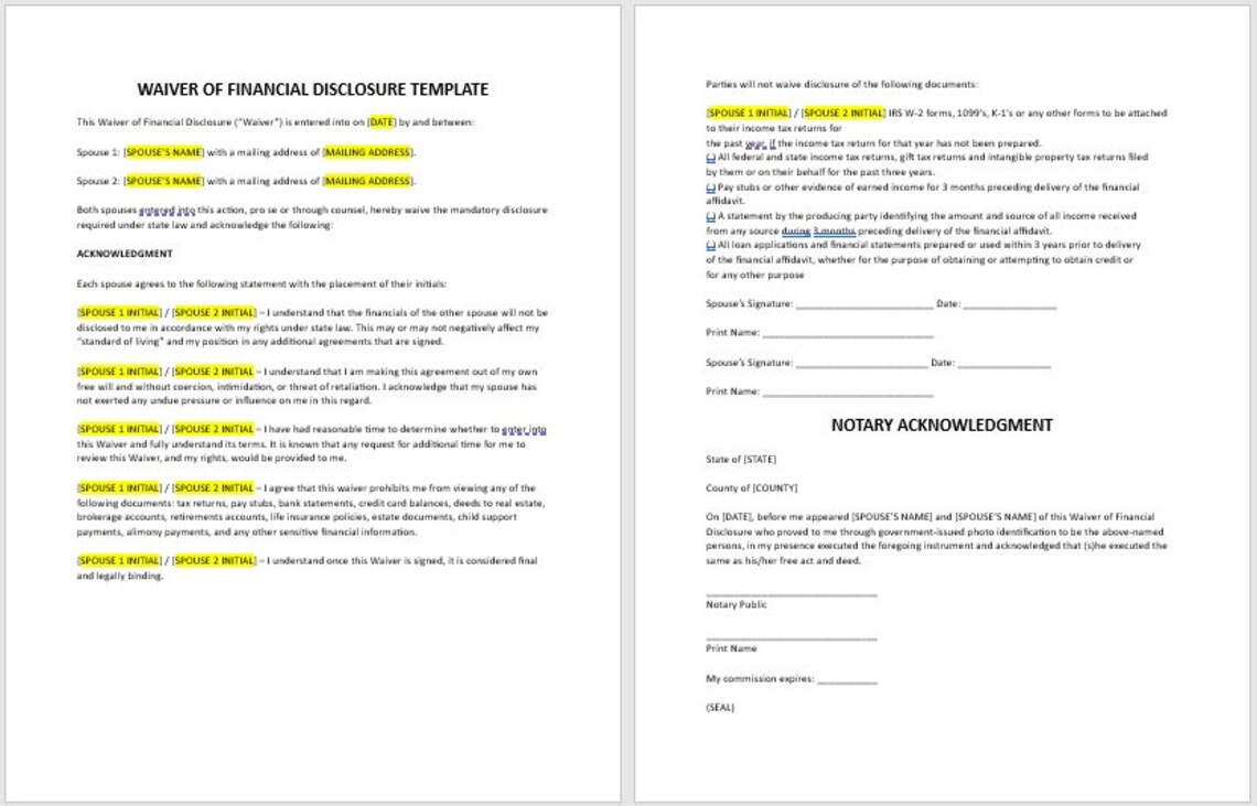 Editable Waiver of Financial Disclosure Template, Financial Disclosure ...