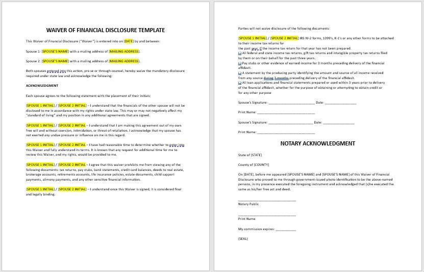 Editable Waiver of Financial Disclosure Template, Financial Disclosure ...