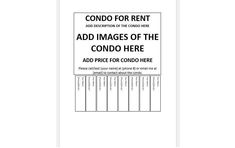Editable Condo for Rent Tear-off Flyer, Tear-off Flyer Template, Rental ...