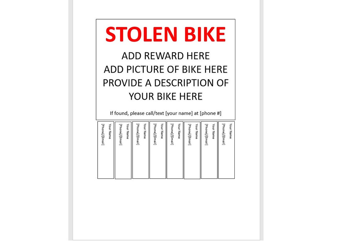 Editable Stolen Bike Tear-off Flyer, Tear-off Flyer Template, Stolen ...
