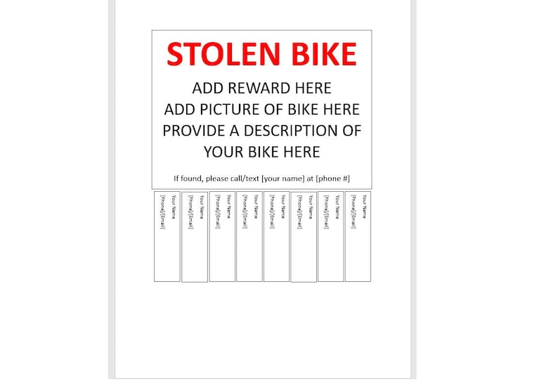 Editable Stolen Bike Tear-off Flyer, Tear-off Flyer Template, Stolen Bike Flyer, Flyer Template ...