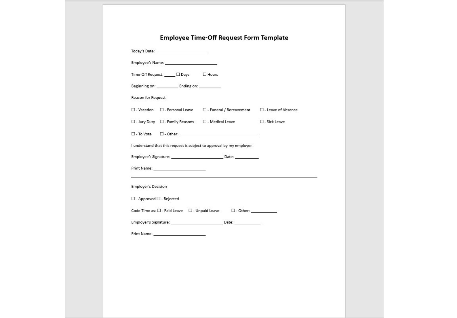 Editable Time-off Request Form, Employee Time-off Request Form, Request ...