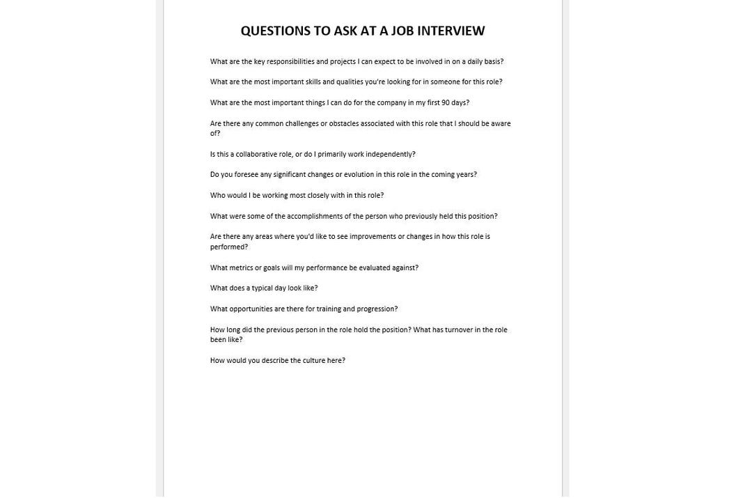 Questions to Ask in a Job Interview Template, Job Questions, Job ...