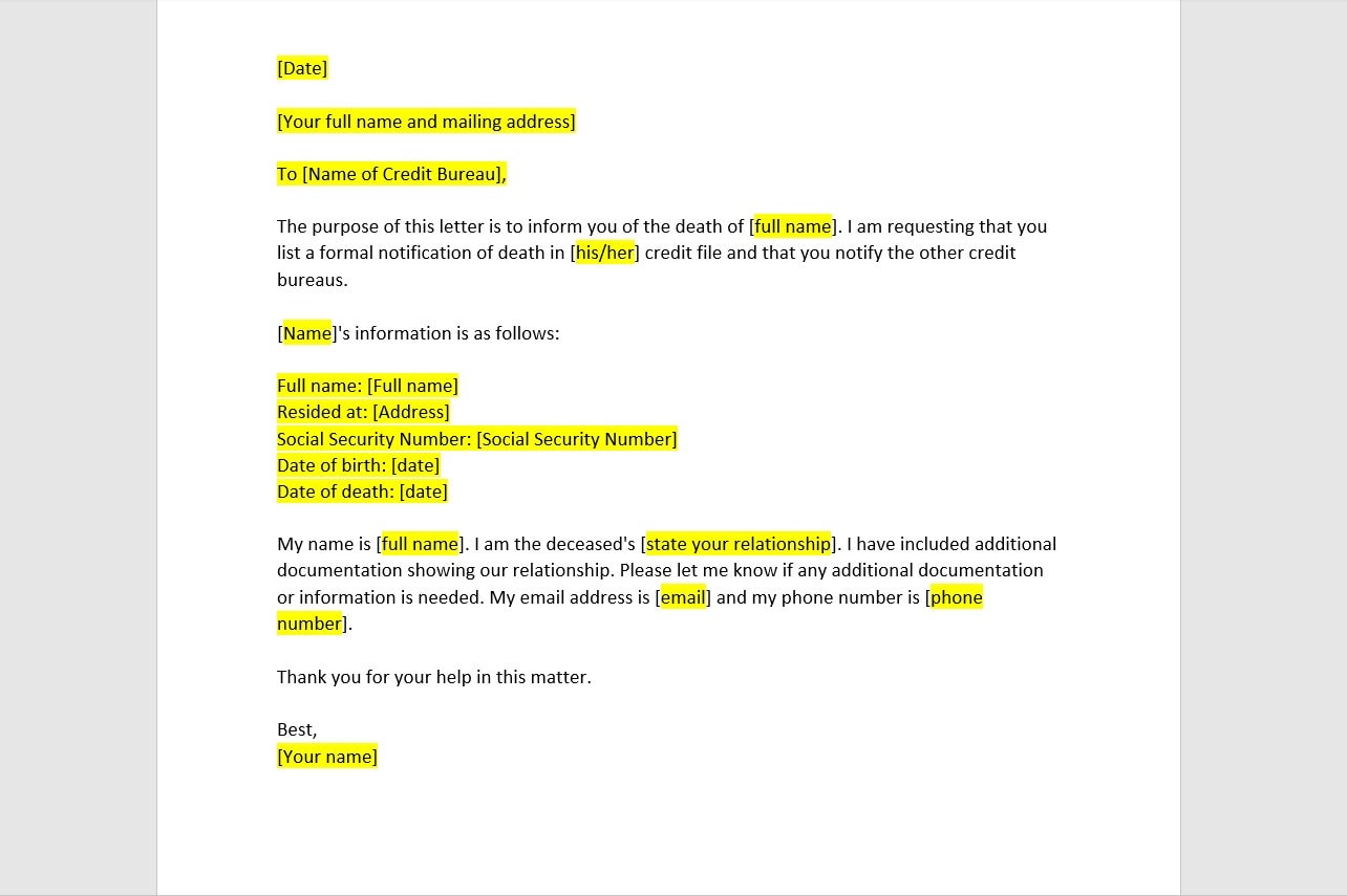 Notify Creditors After a Death Letter Template, Notify Creditors After ...