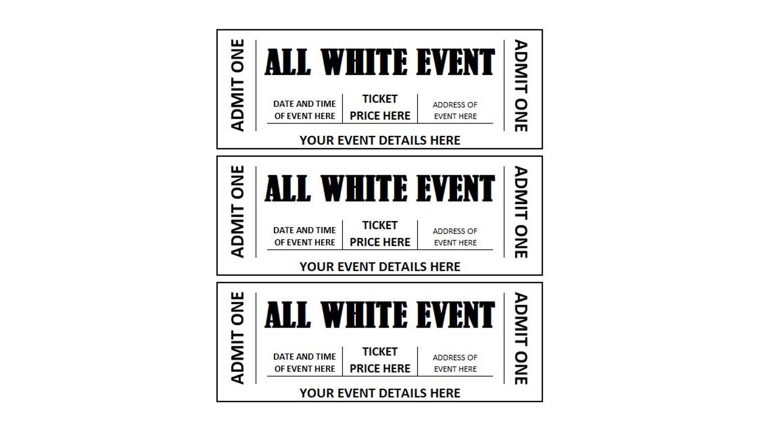 Editable All White Event Ticket, All White Ticket Printables, Editable ...