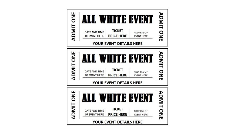 Editable All White Event Ticket, All White Ticket Printables, Editable ...