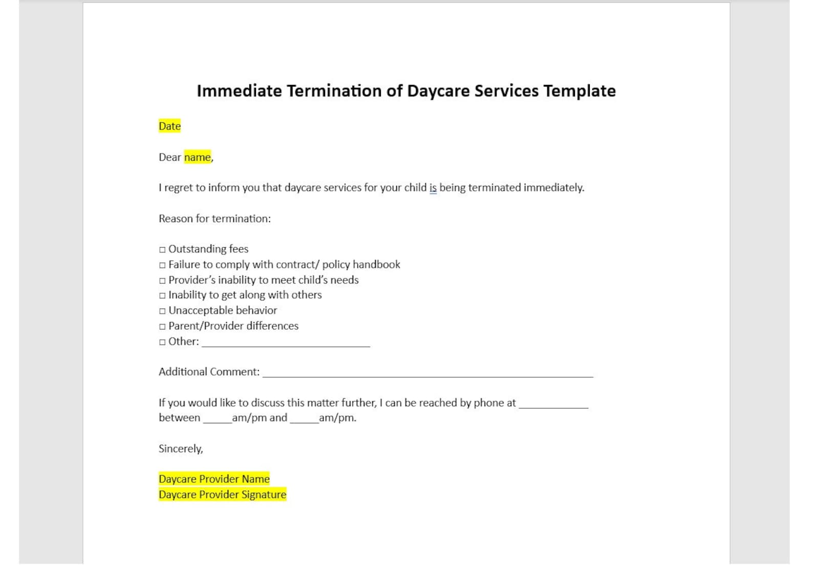 Editable Immediate Termination of Daycare Services Template ...