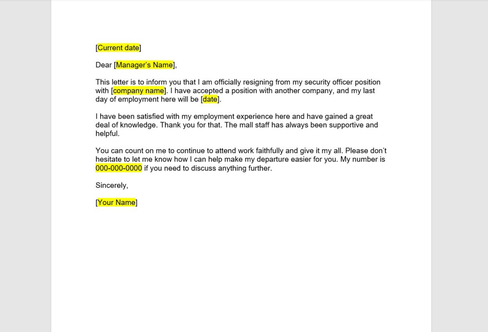 Security Officer Resignation Letter Template Resignation Letter