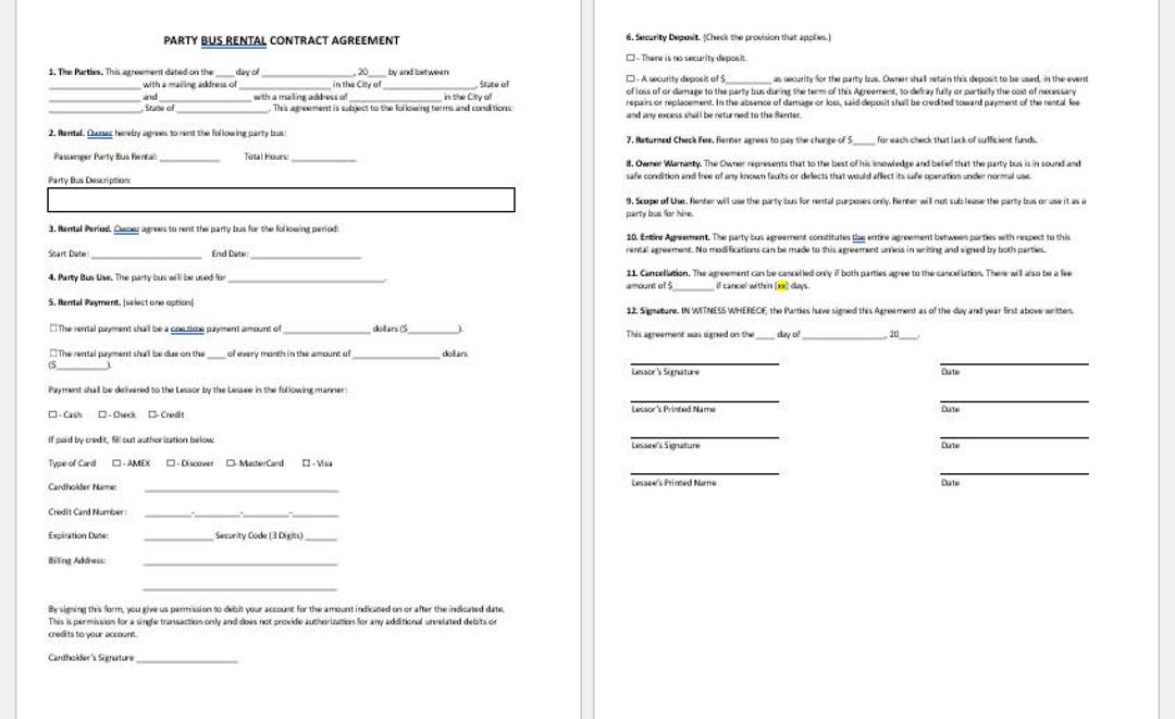 Editable Party Bus Rental Contract Agreement, Party Bus Rental Contract ...