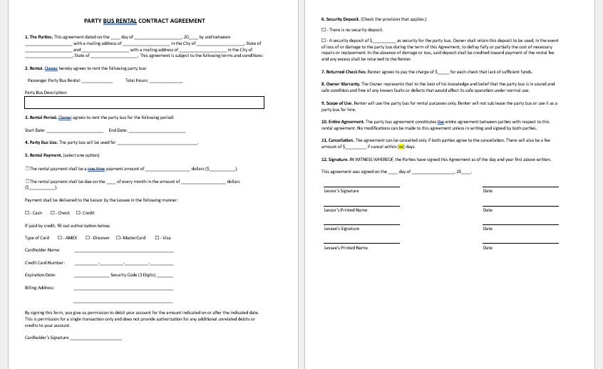 Editable Party Bus Rental Contract Agreement, Party Bus Rental Contract ...