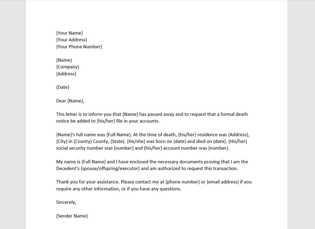 Notify Creditors After a Death Letter Template, Notify Creditors After ... Notify Creditors After a Death Letter Template, Notify Creditors After ...