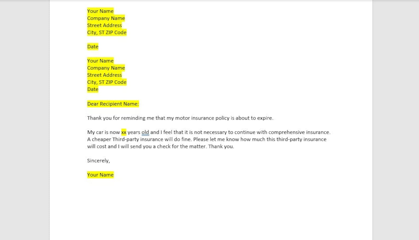 Letter Request for Changing A Car Insurance Policy, Car Insurance ...