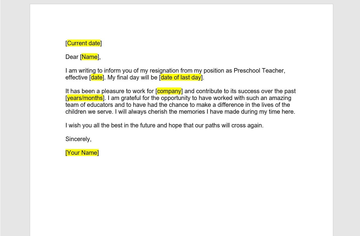 Preschool Teacher Resignation, Resignation Letter Template, Resignation ...