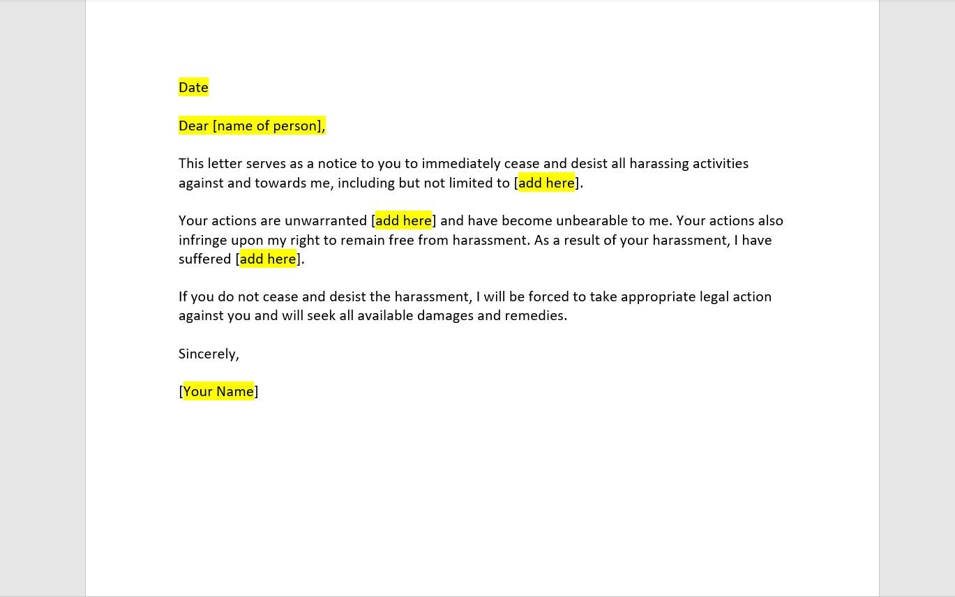 Harassment Cease And Desist Harassment Cease And Desist Letter