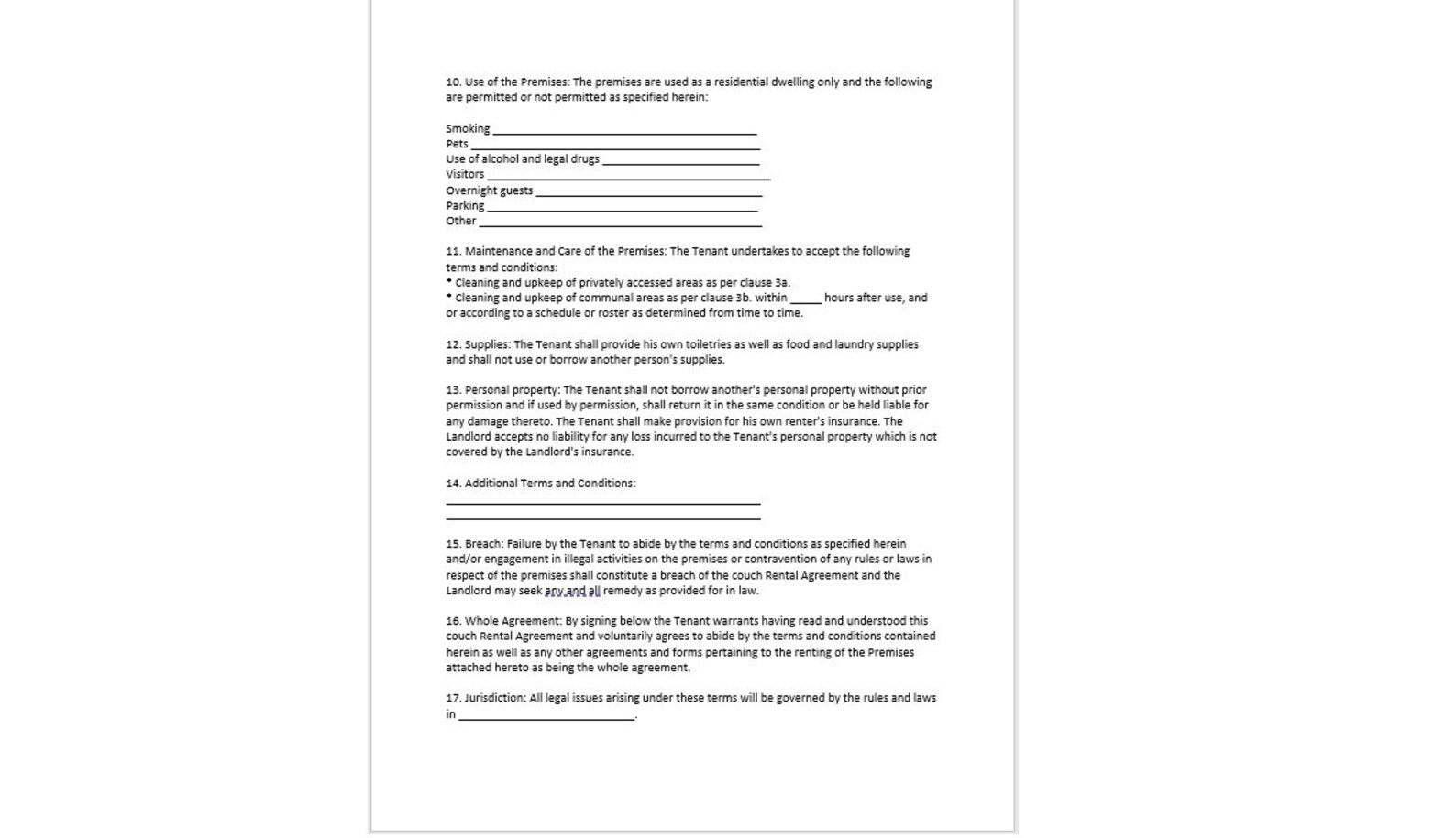 Editable Couch Rental Agreement Template, Couch Rental Agreement Letter ...