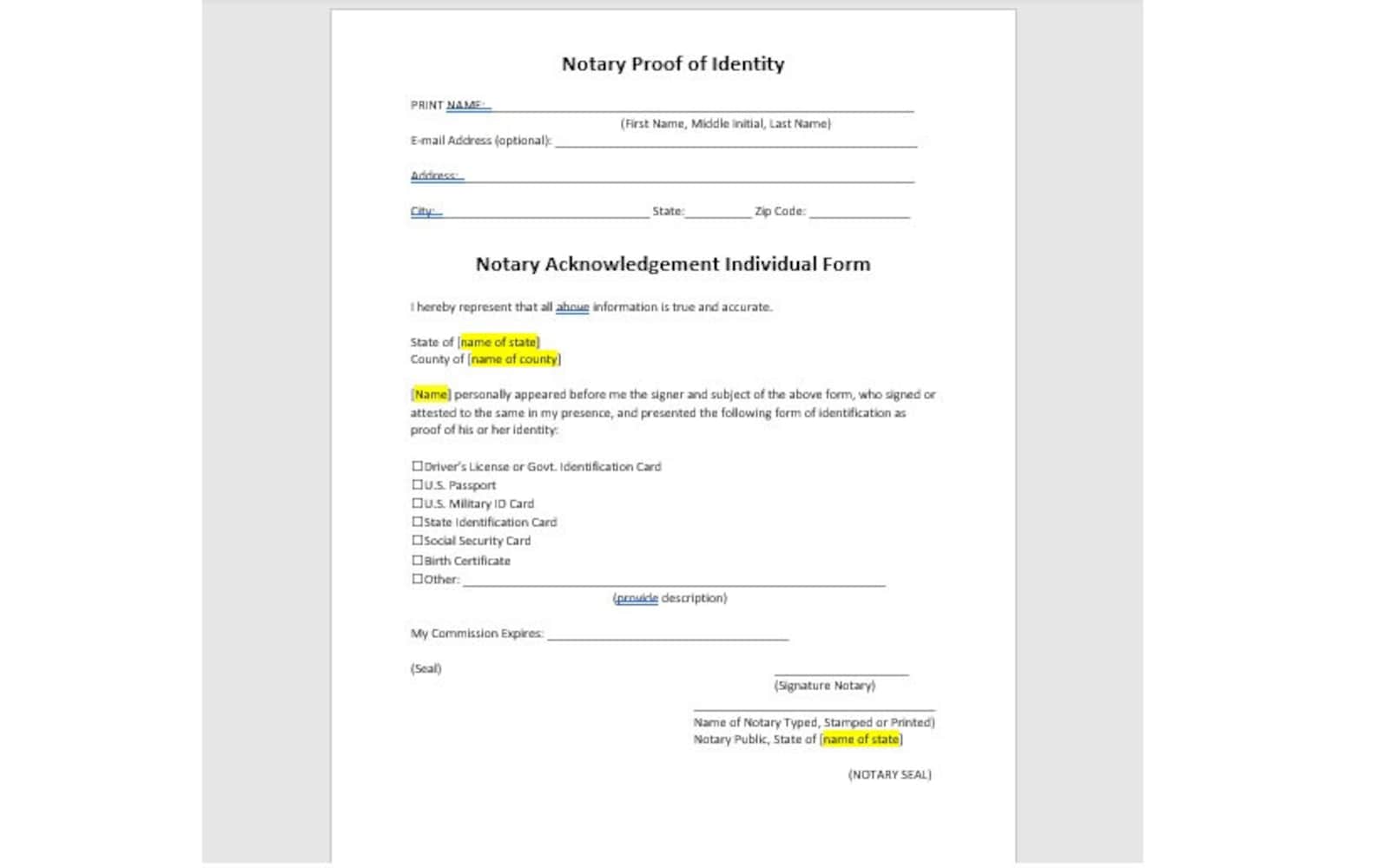 Editable Notary Proof of Identity Form, Proof of Identity Form Template ...