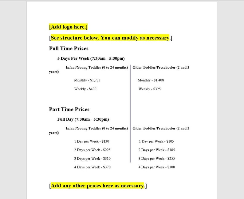 Daycare Price, Daycare Price Template, Daycare Prices, Daycare Prices ...