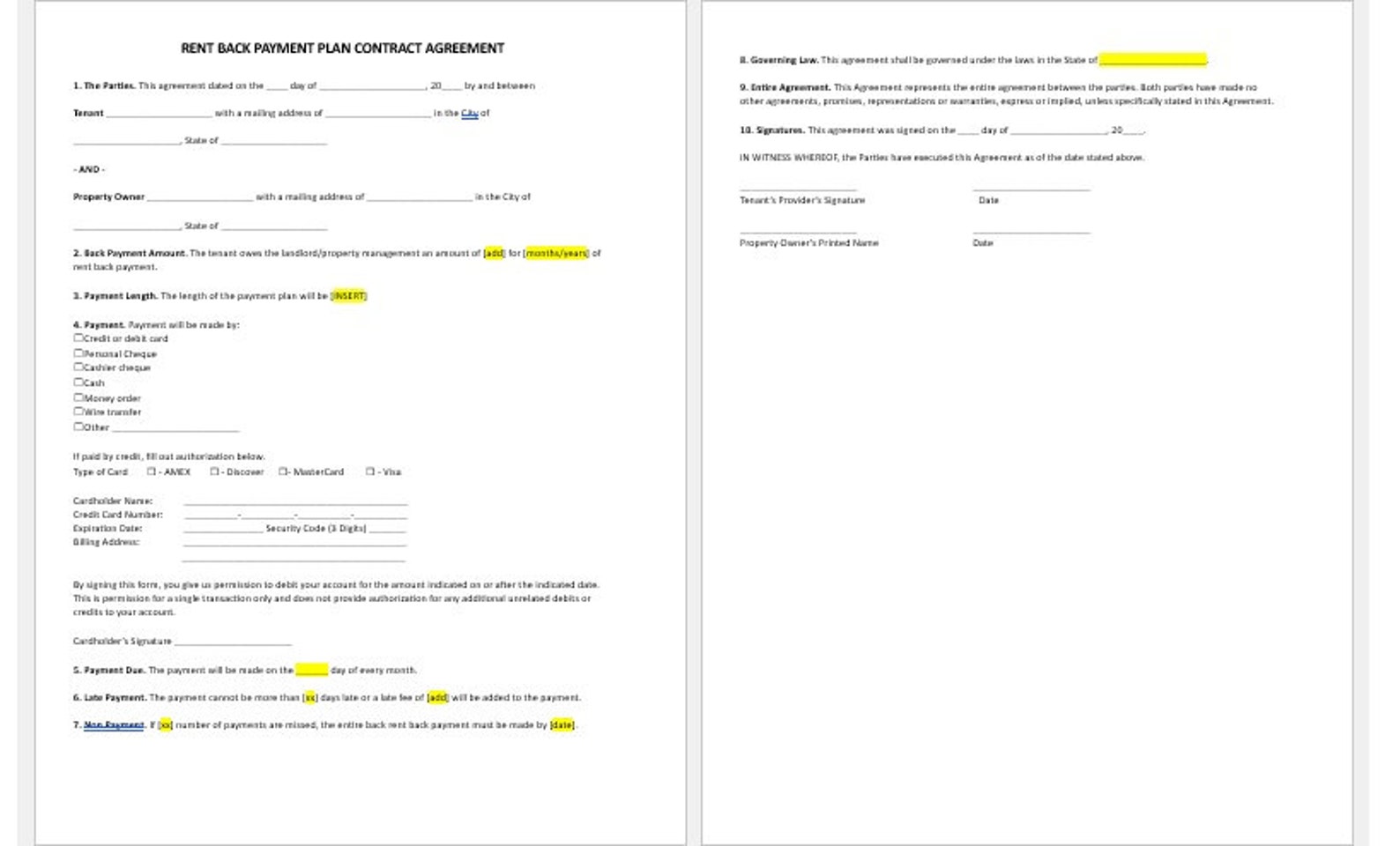 Editable Rent Back Payment Plan Contract, Rent Back Payment Plan ...