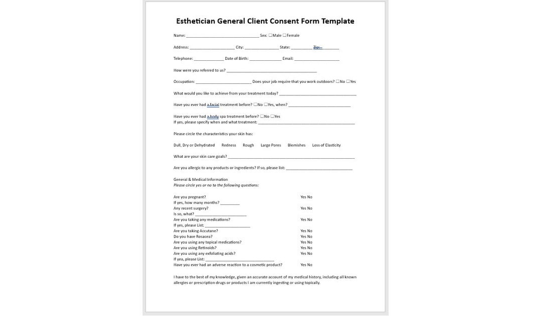 Esthetician General Client Consent Form Template, Client Consent Form ...