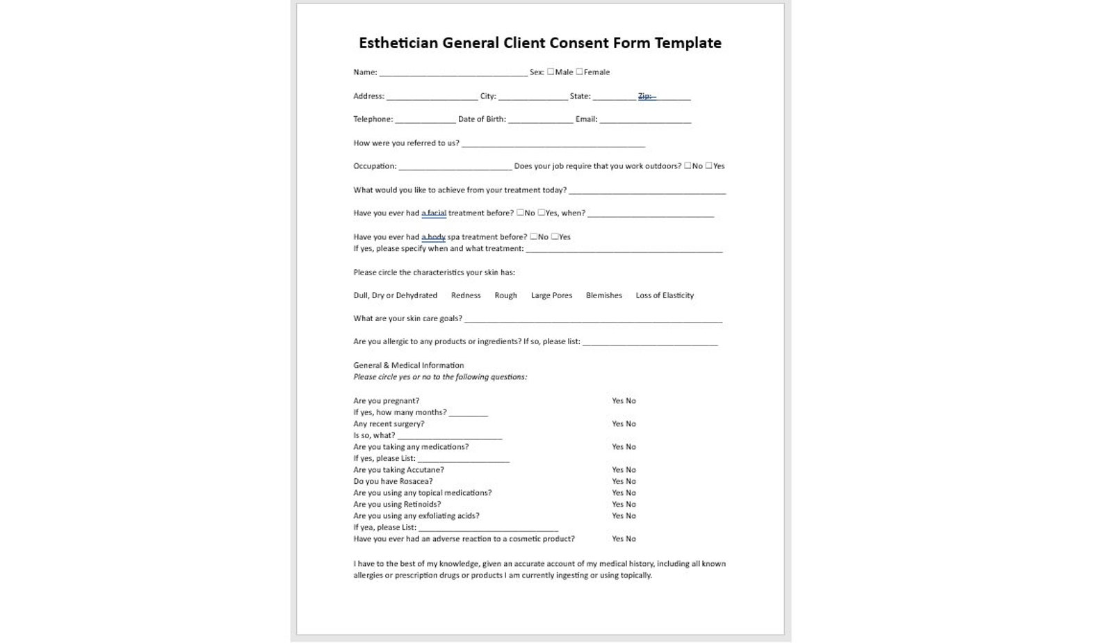 Esthetician General Client Consent Form Template, Client Consent Form ...