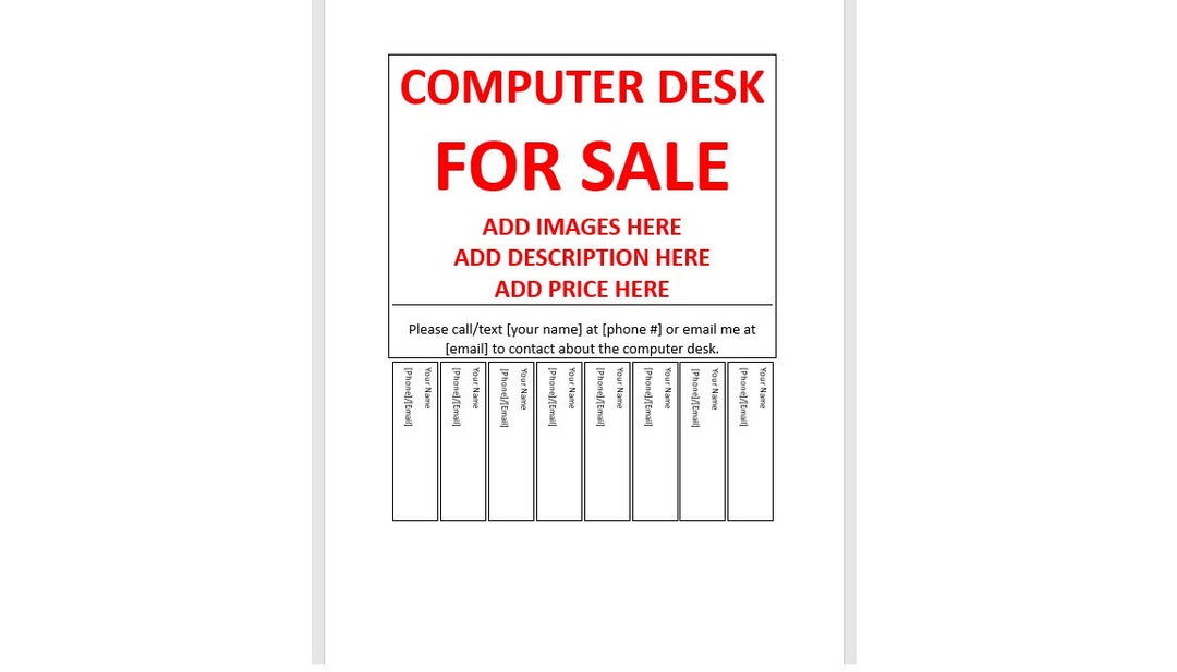 Editable Computer Desk for Sale Tear-off Flyer, Tear-off Flyer Template ...