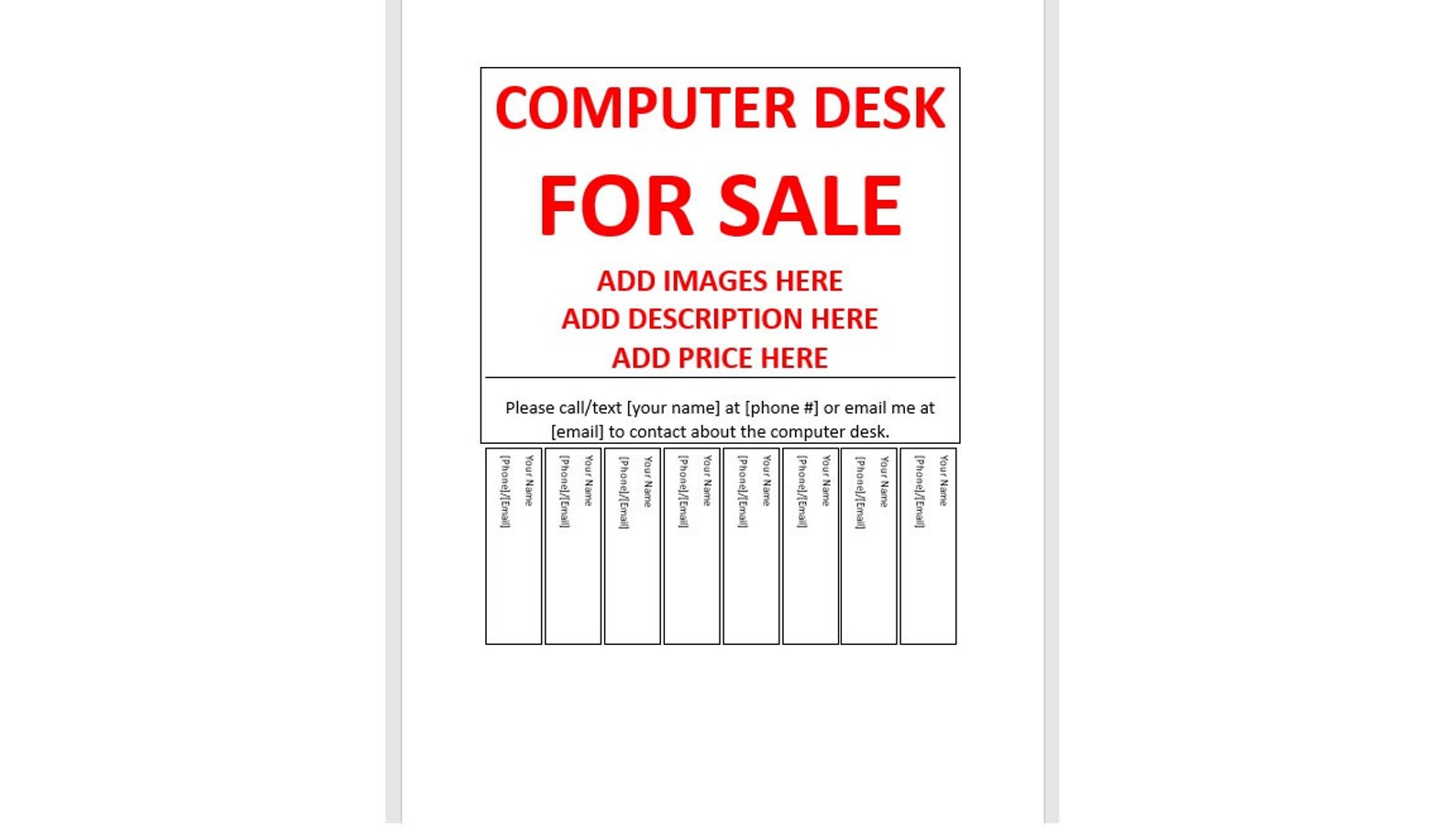 Editable Computer Desk for Sale Tear-off Flyer, Tear-off Flyer Template ...