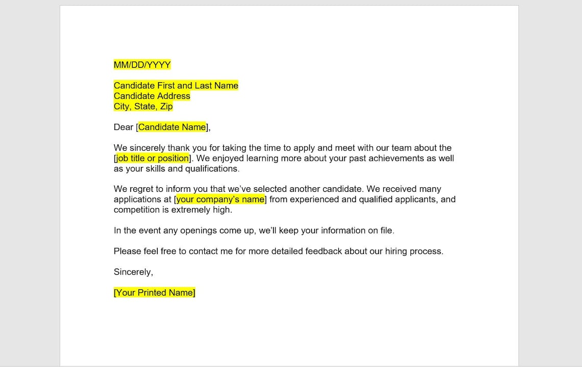 Employee Rejection Letter Template, Employee Rejection Letter ...