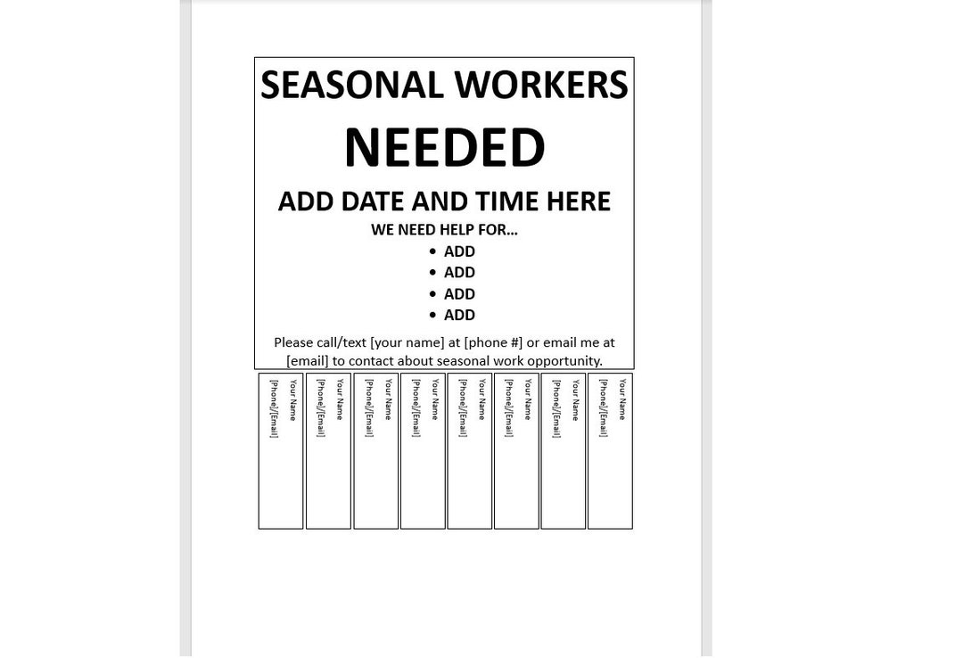 Editable Seasonal Workers Needed Tear-off Flyer, Tear-off Flyer ...