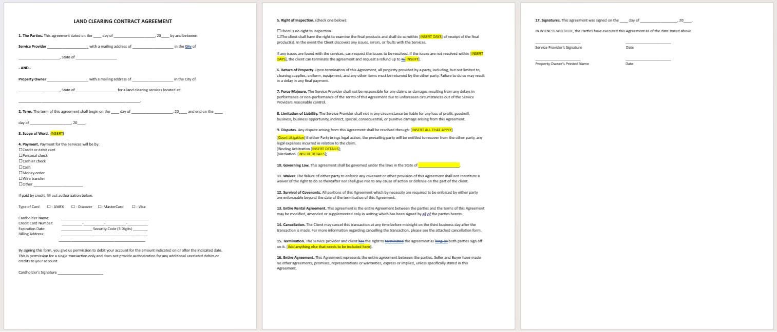 Editable Land Clearing Contract, Land Clearing Contract Template, Land ...