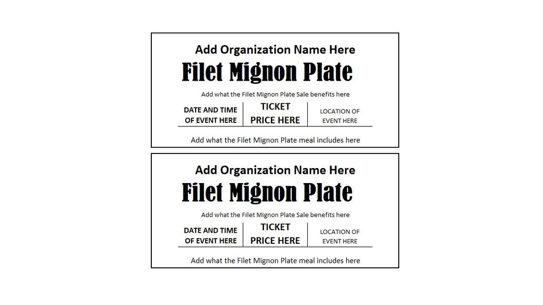 Filet Mignon Steak Plate Sale Ticket, Filet Mignon Plate Sale ...