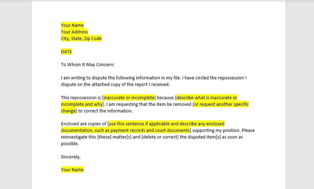 Repossession Dispute Letter, Repossession Dispute Letter Template ...