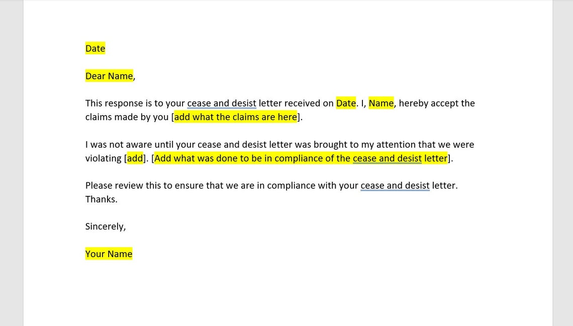 Cease and Desist Response Acceptance Letter, Cease and Desist Response ...