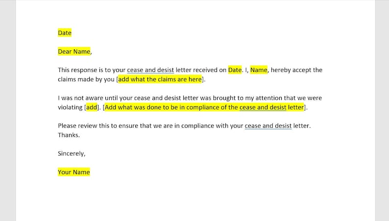 Cease and Desist Response Acceptance Letter, Cease and Desist Response ...