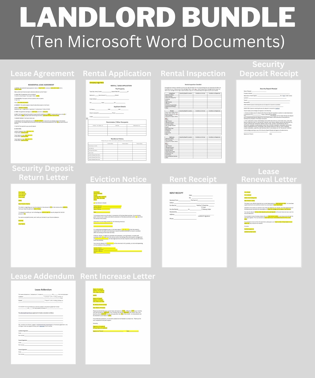 Set of 10 Landlord Template Bundle, Landlord Lease Forms Bundle ...