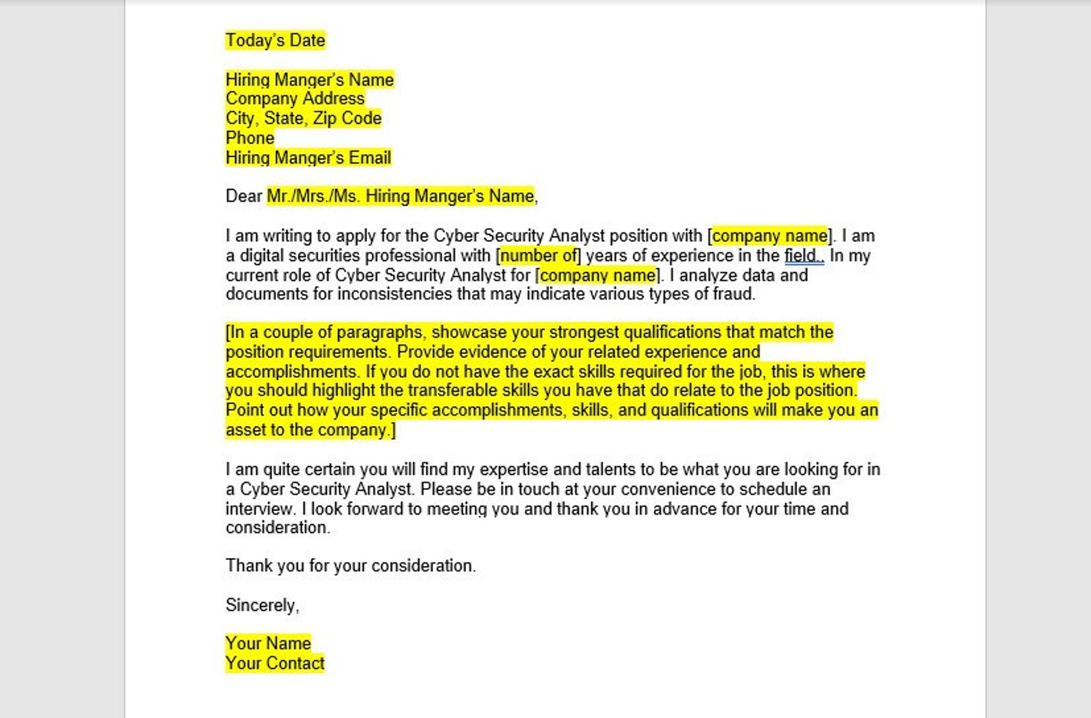 Cyber Security Analyst Cover Letter, Cover Letter Template, Editable ...